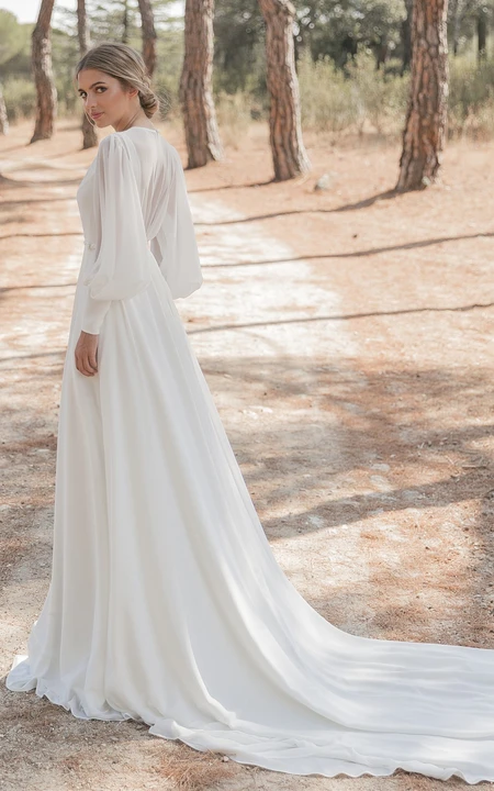Simple Chiffon A Line High Neck Chapel Train Wedding Dress with Ruching ...